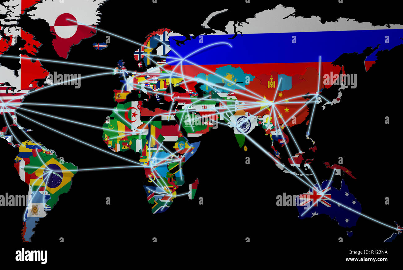 Online Shopping in world Map 3d illustration on black Stock Photo - Alamy