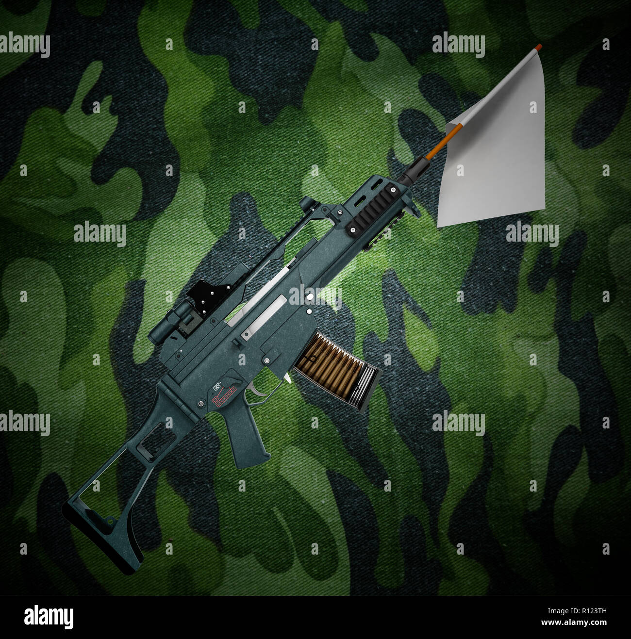 concept defeat white flag from the barrel of the machine 3d ...