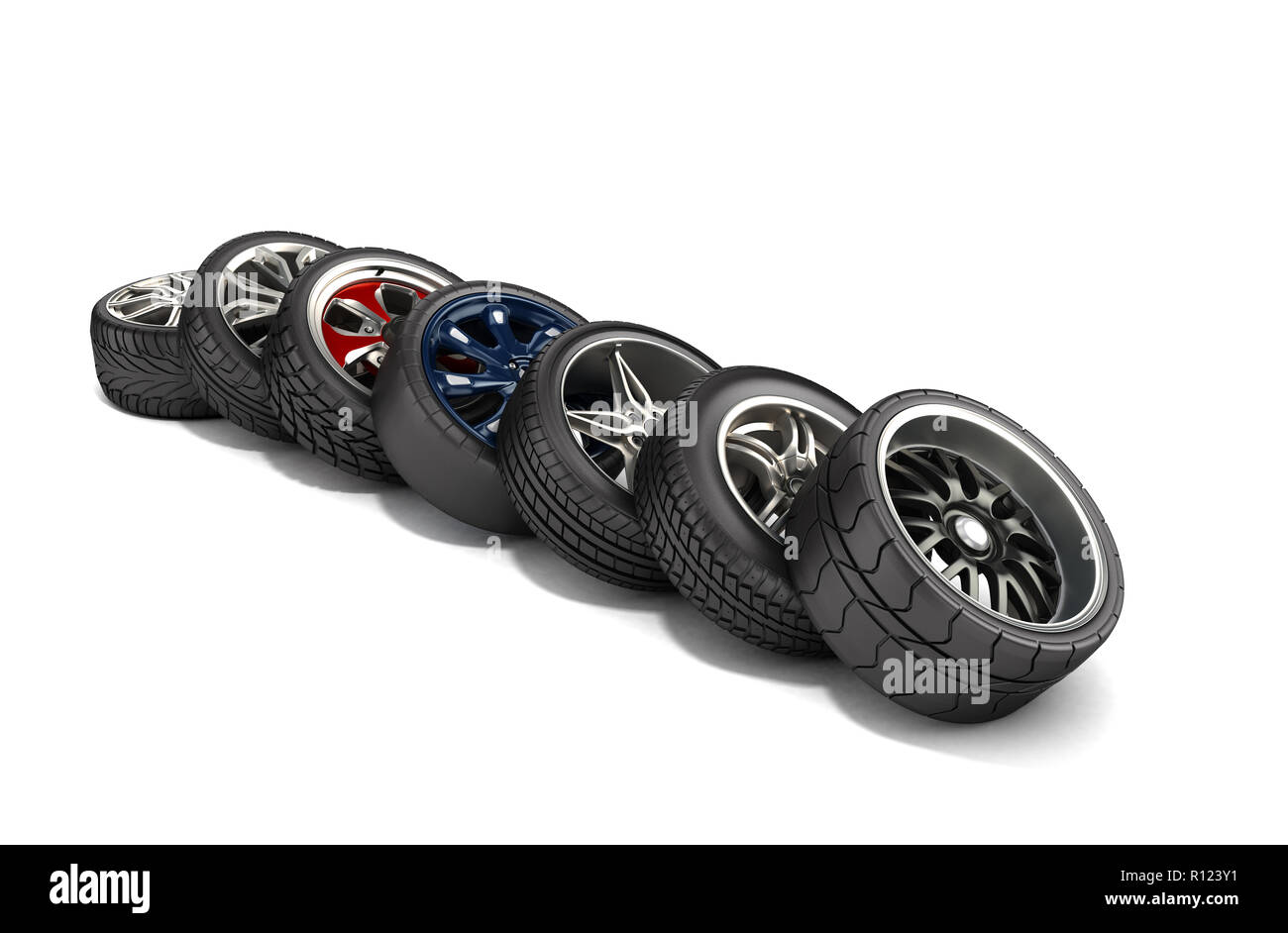 wheels with tires car standing in a row isolated on white 3d ...