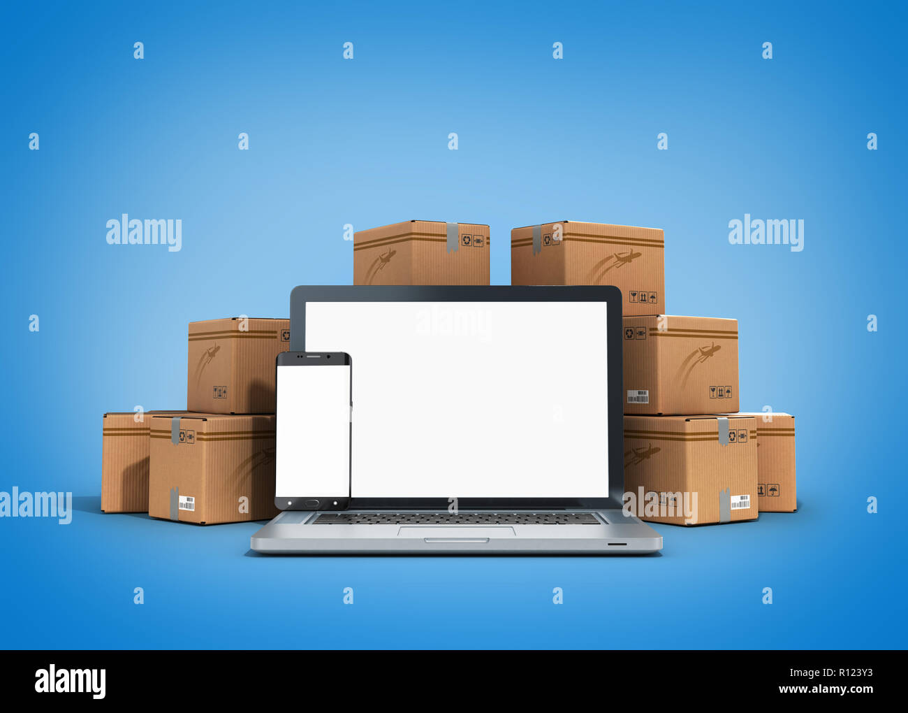 cardboard boxes package parcels and laptop - Logistic, cargo, delivery ...