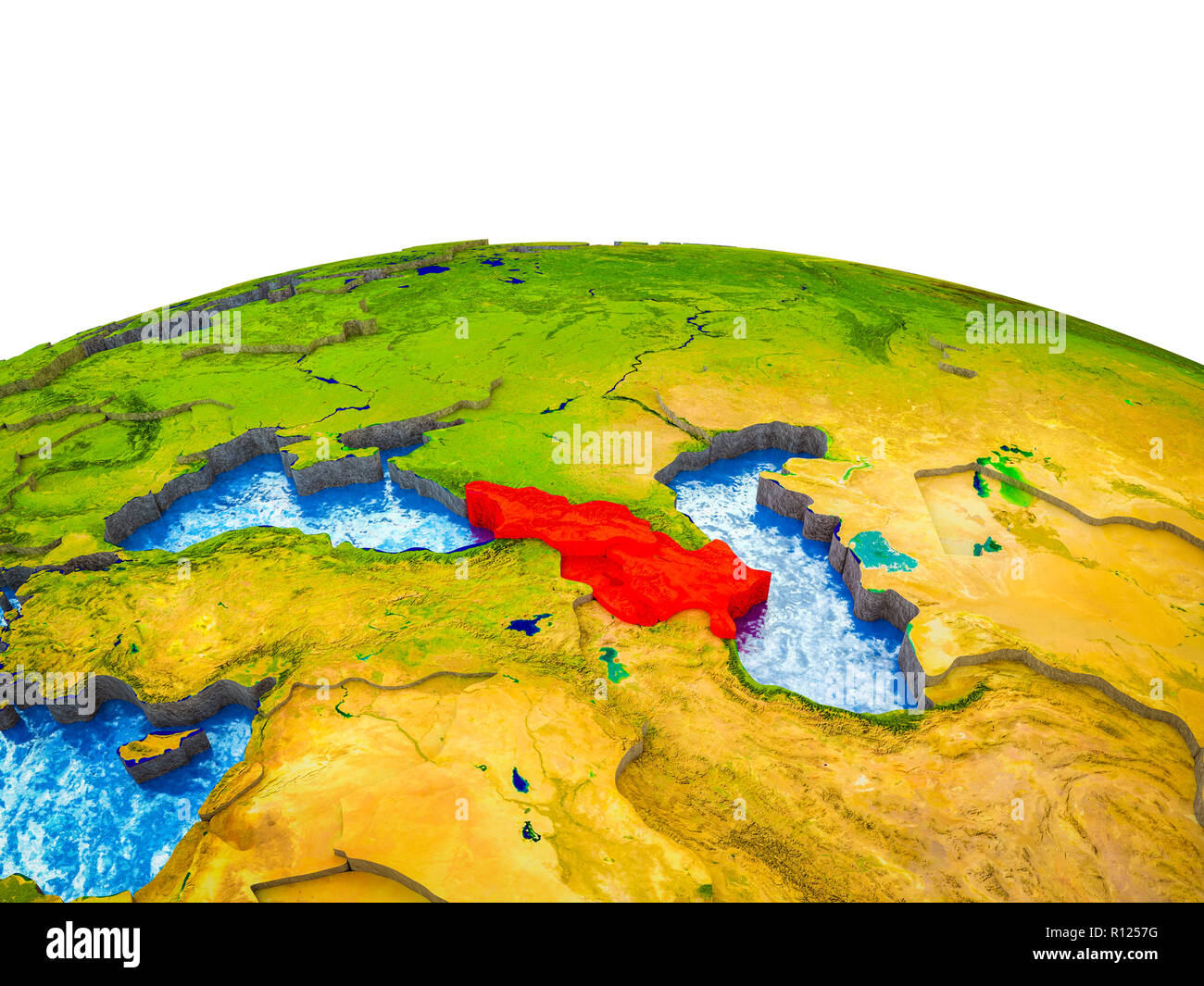 Caucasus region on 3D Earth with visible countries and blue oceans with ...