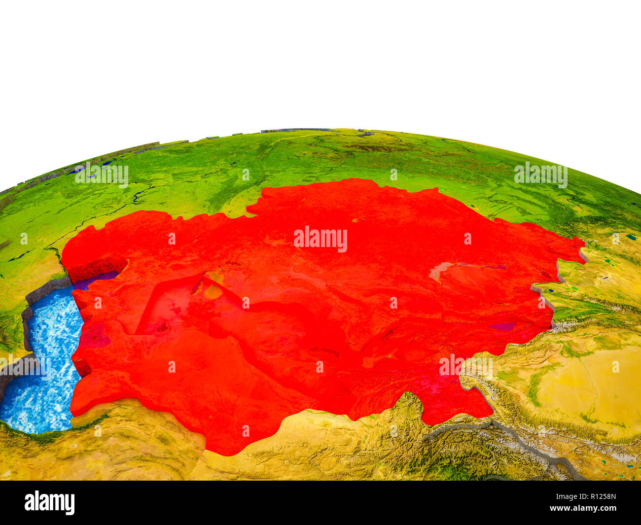 Central Asia on 3D Earth with visible countries and blue oceans with ...