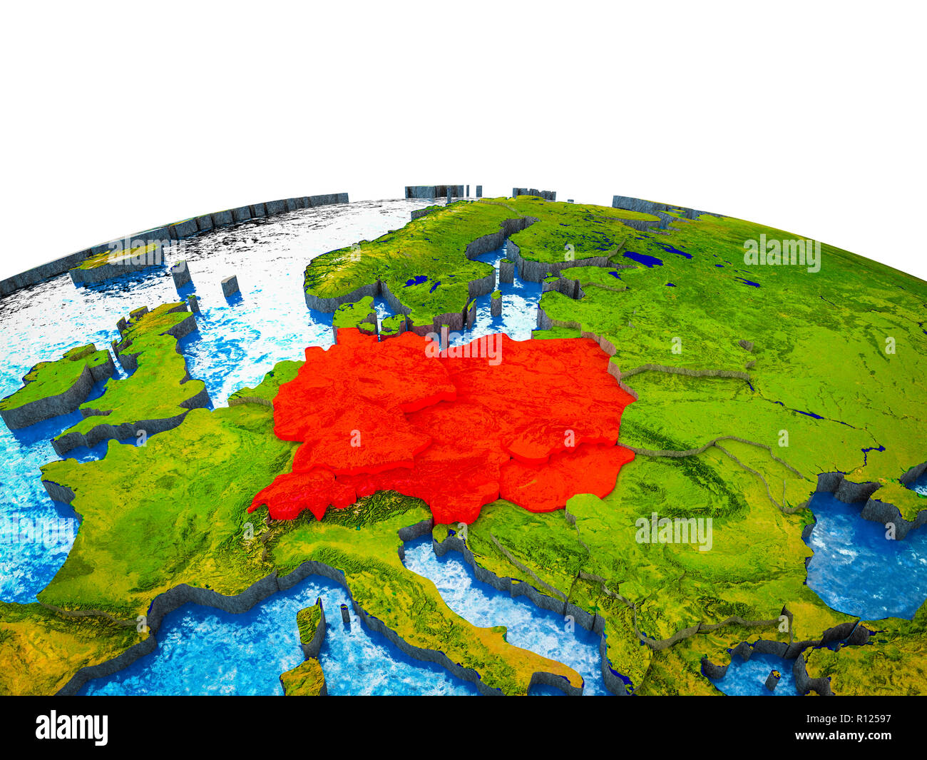 Central Europe on 3D Earth with visible countries and blue oceans with ...