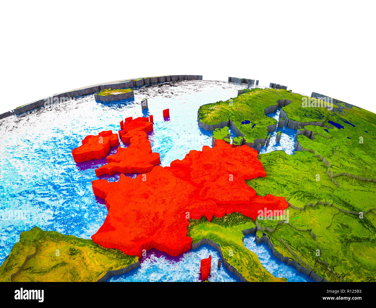 Western Europe on 3D Earth with visible countries and blue oceans with ...