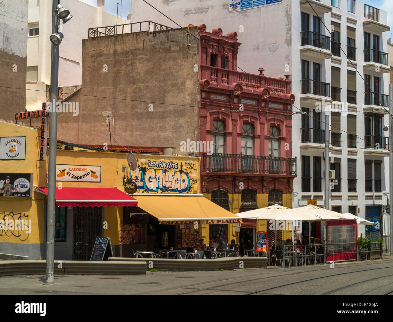 Colourful bars and cafes in Santa Cruz De Tenerife, Canary Islands ...