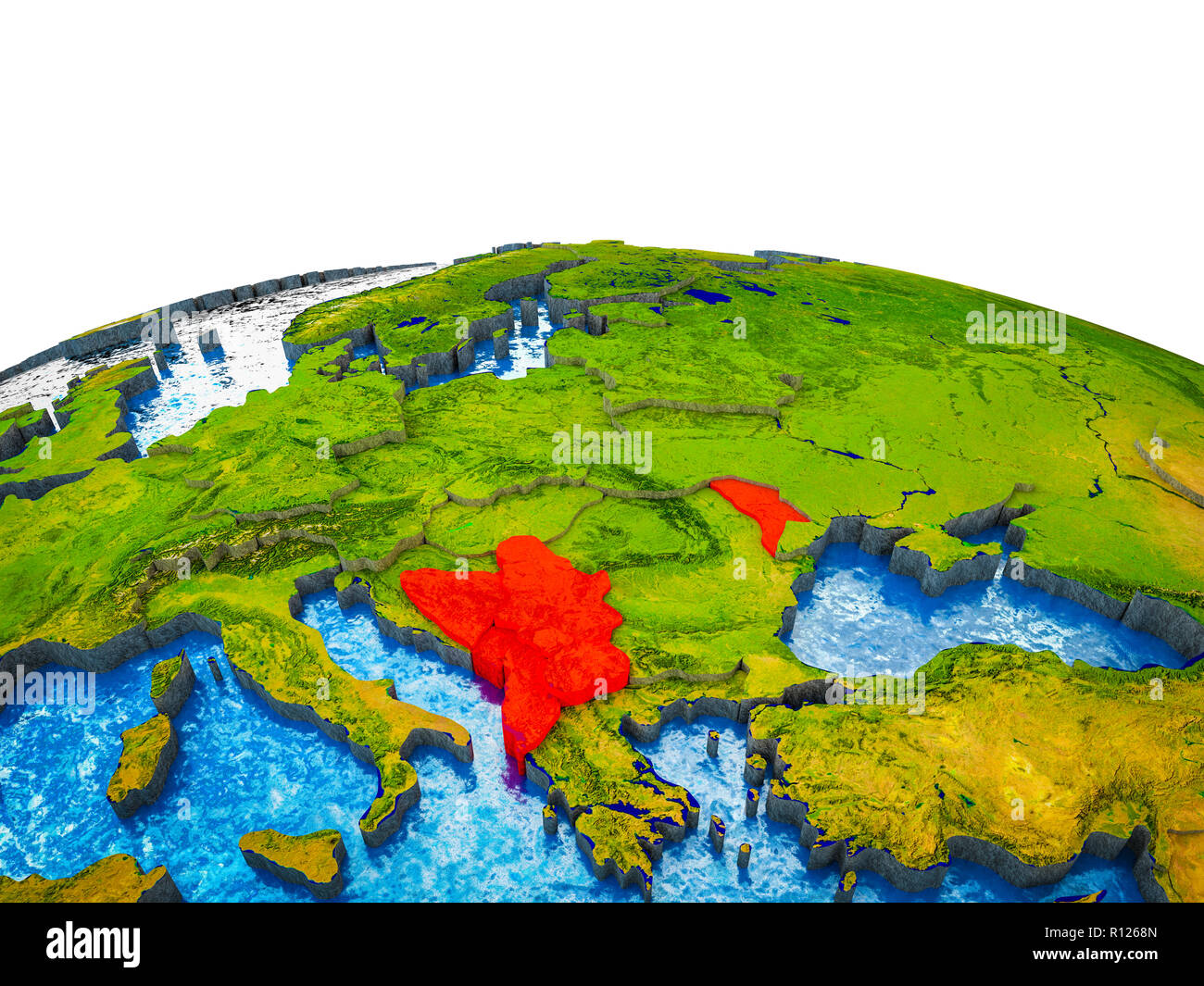 CEFTA countries on 3D Earth with visible countries and blue oceans with ...