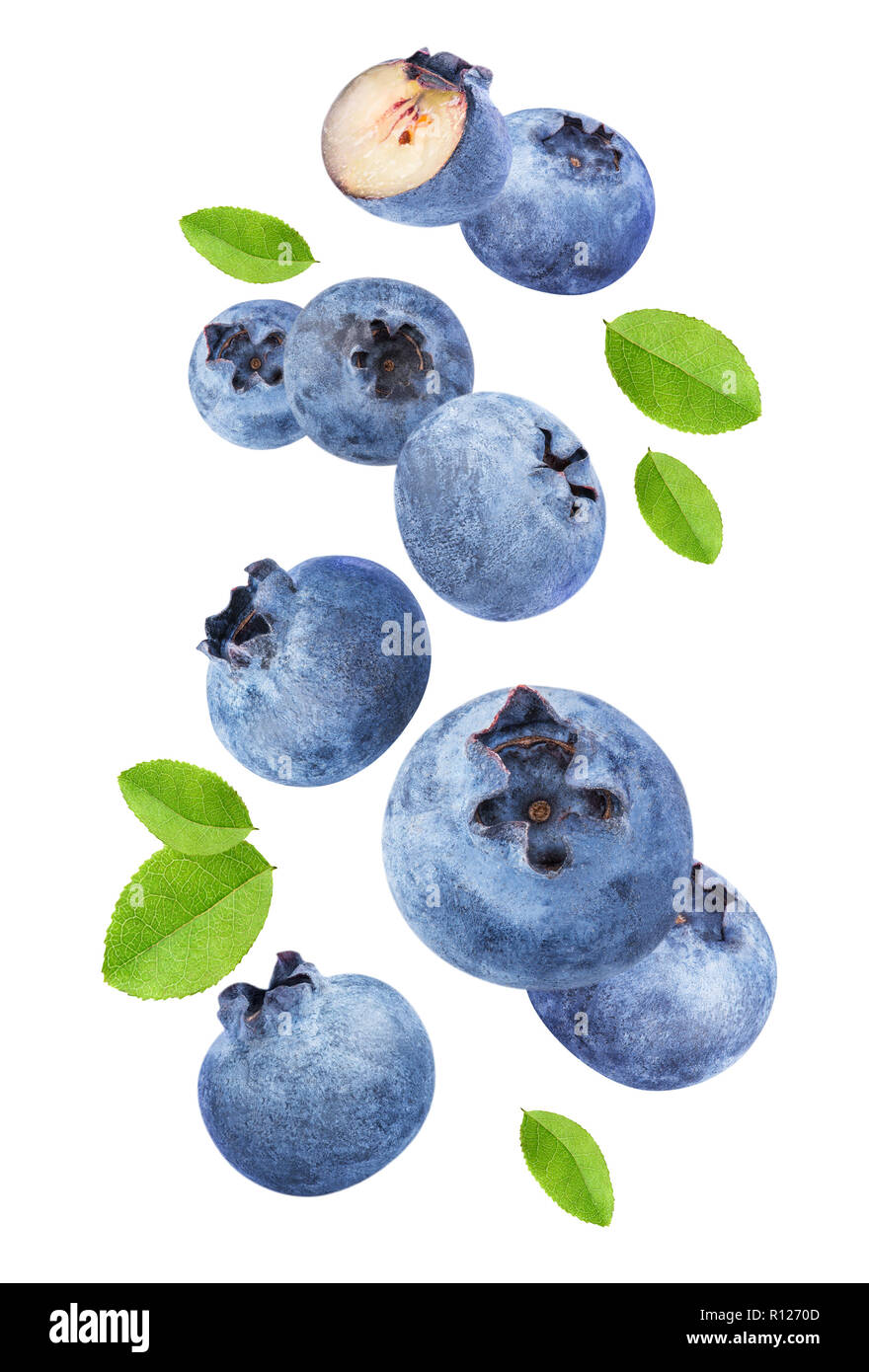 Flying blueberries isolated on white background with clipping path ...