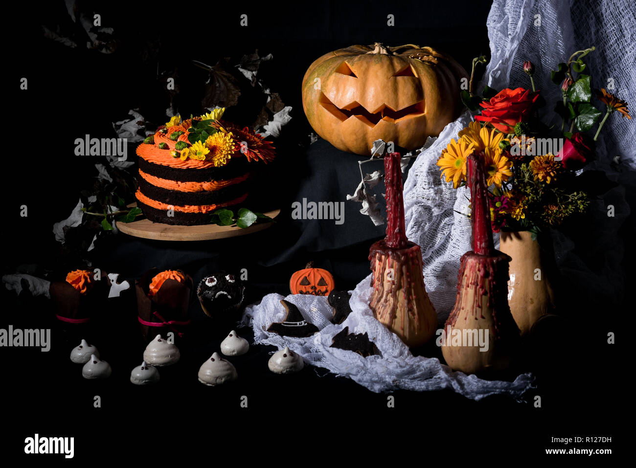 october decorations with pumpkin and cake Stock Photo - Alamy