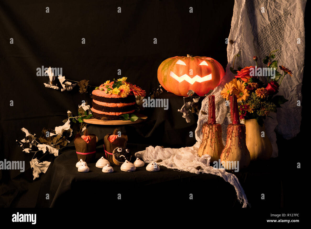 october decorations with pumpkin and cake Stock Photo - Alamy