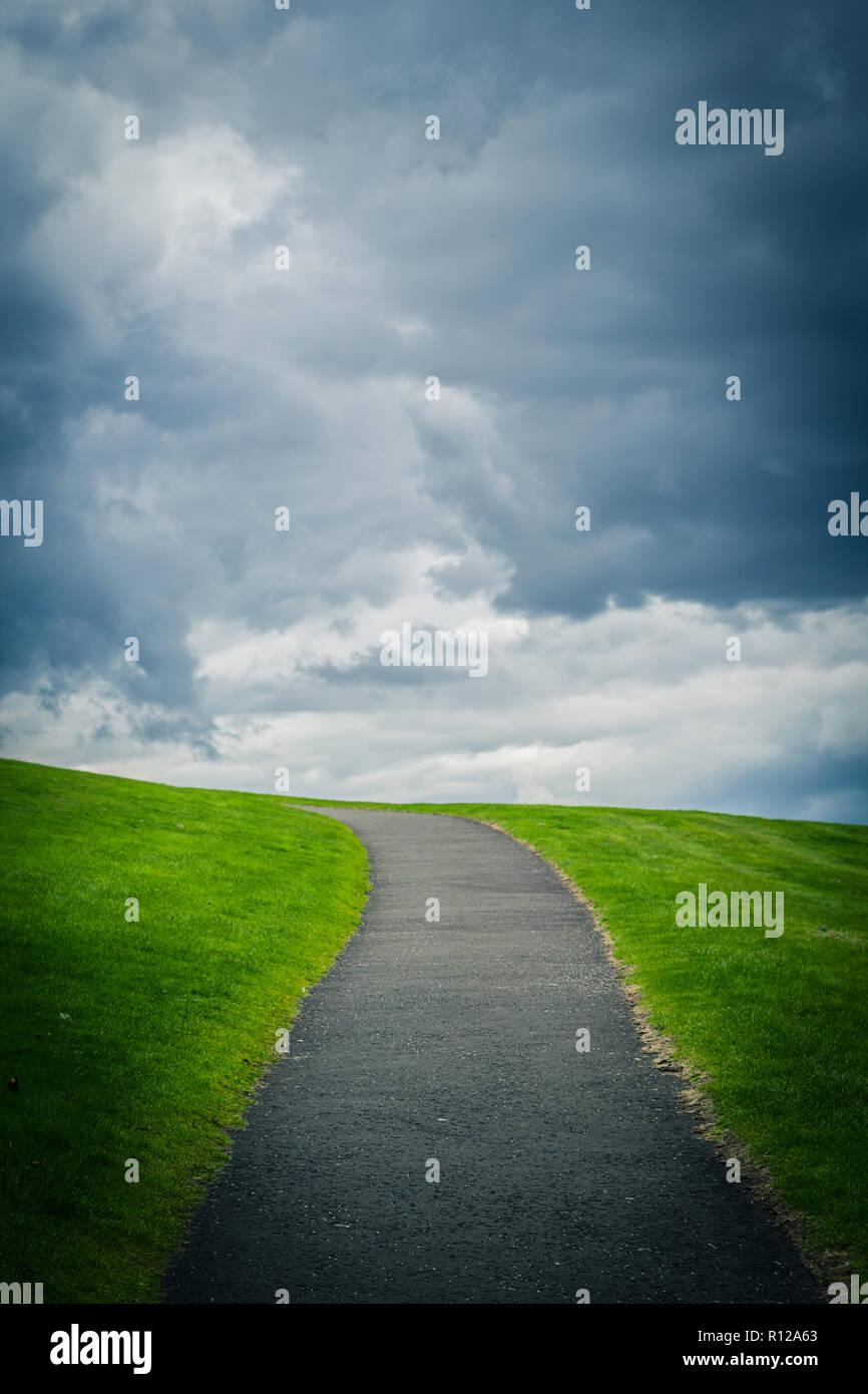 Natural background with a path up the hill, green grass and clouded sky ...