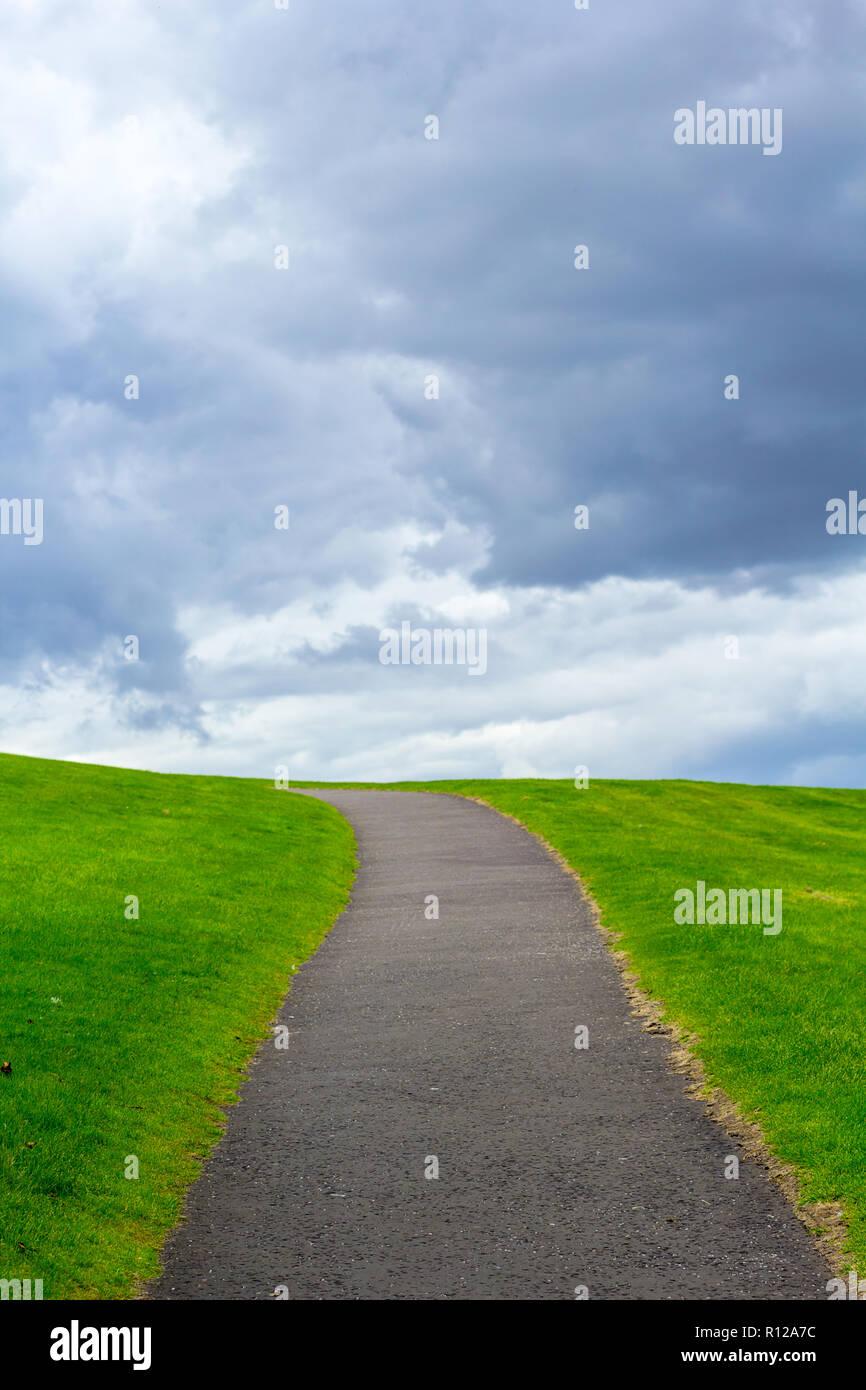 Natural background with a path up the hill, green grass and clouded sky ...