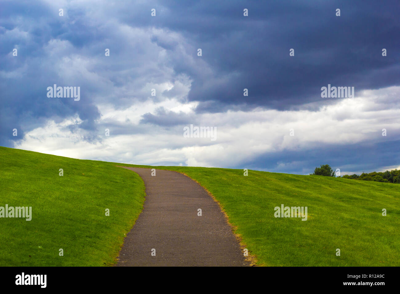 Natural background with a path up the hill, green grass and clouded sky ...