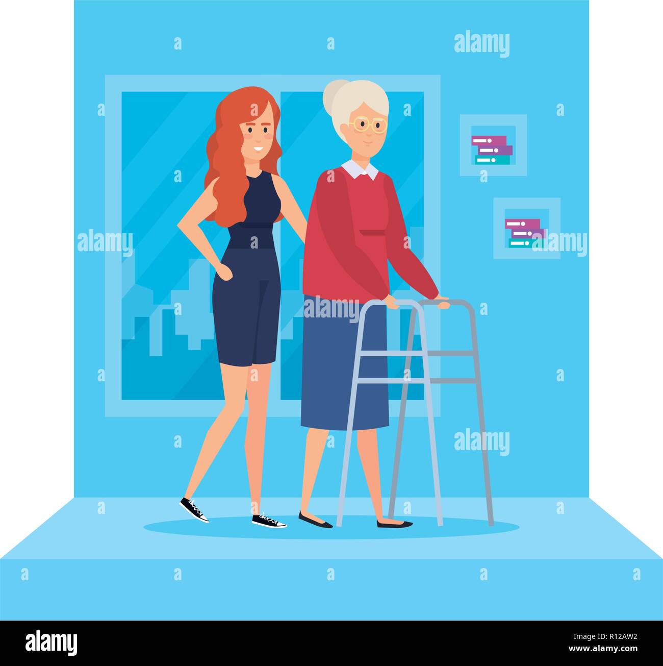 old woman with walker and helper Stock Vector Image & Art - Alamy