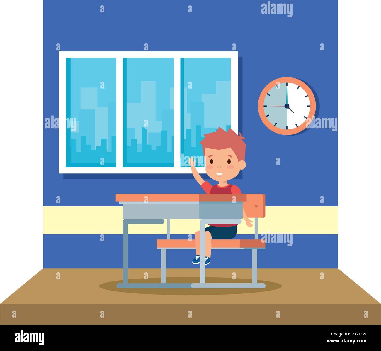 little boy sitting in schoolchair in the classroom vector illustration ...