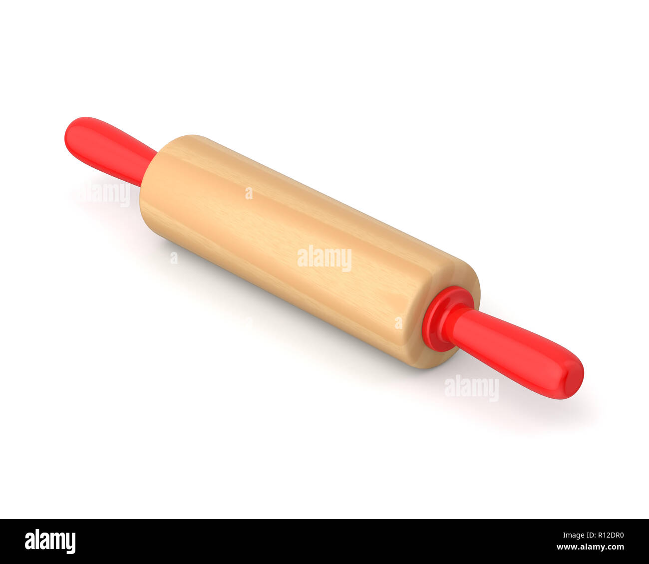 3d rendered wooden rolling pin with plastic handles on a white ...