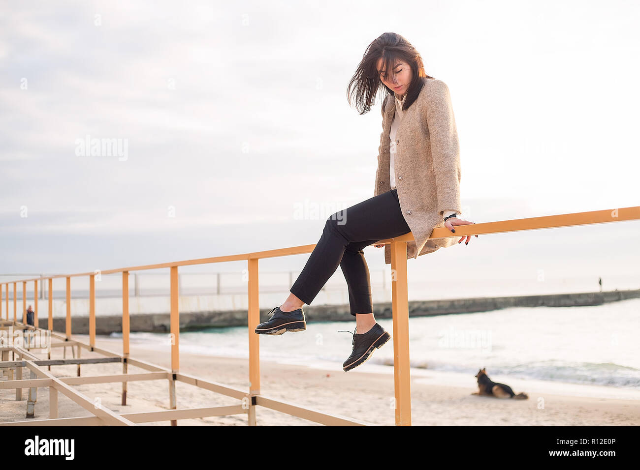 Woman sitting on handrail at beach Stock Photo - Alamy