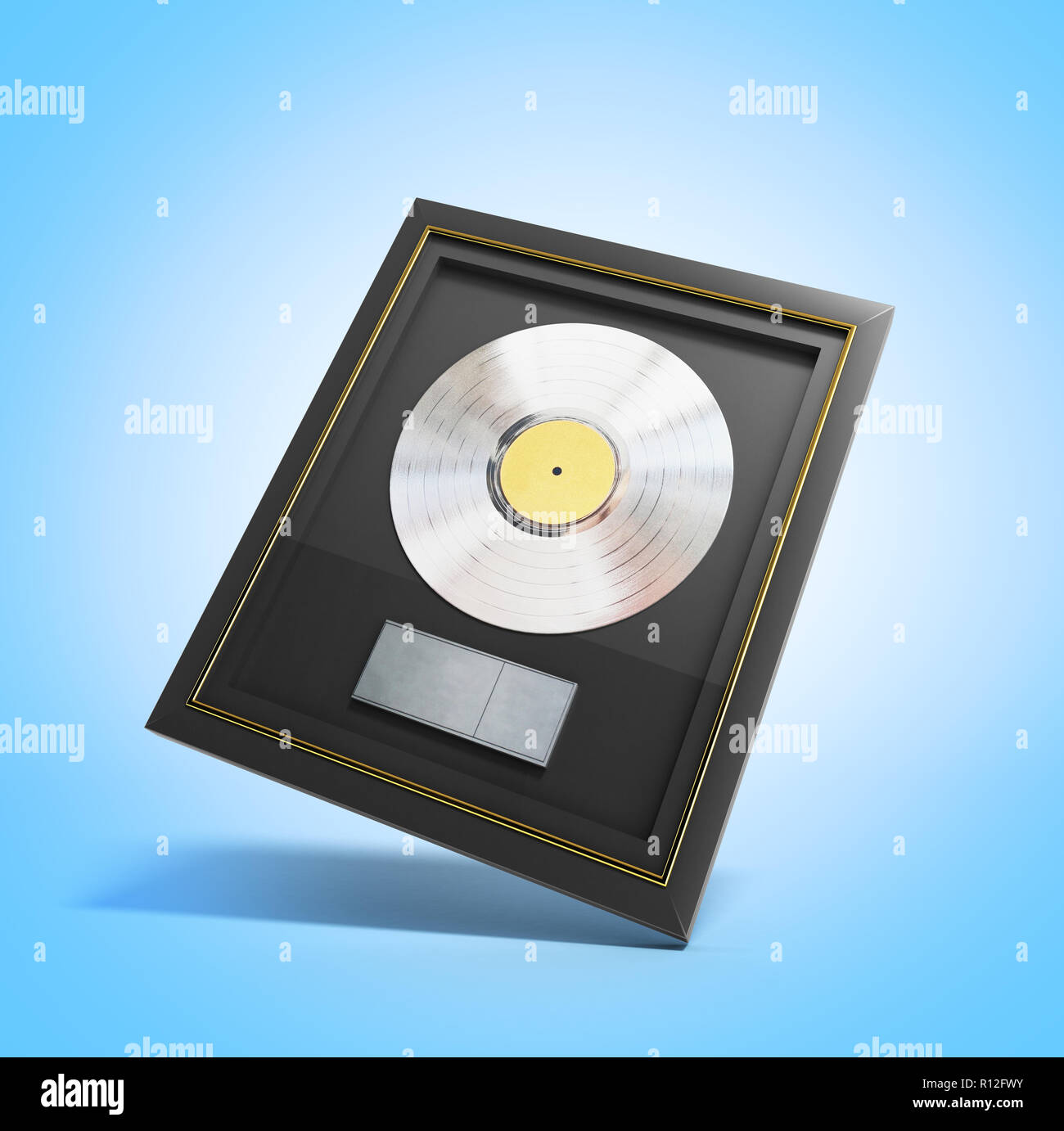 Silver CD prize with label in frame on wall 3d render on blue Stock ...
