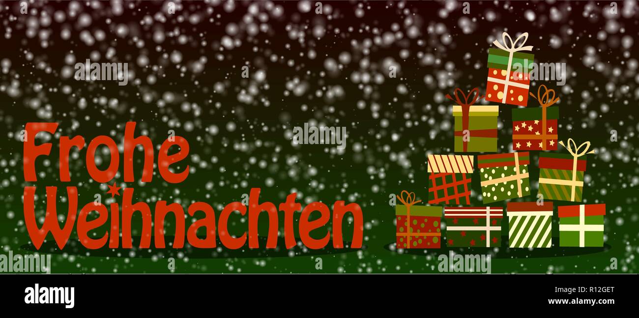 snowy Frohe Weihnachten, merry christmas in German, banner or greeting ...
