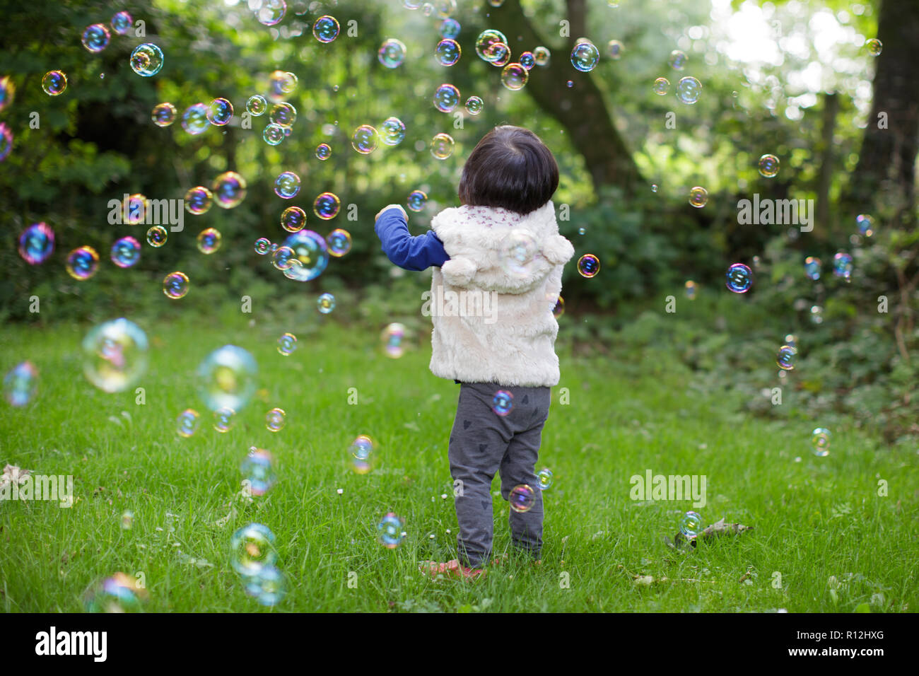 toddle baby girl play bubble at Spring garden Stock Photo - Alamy