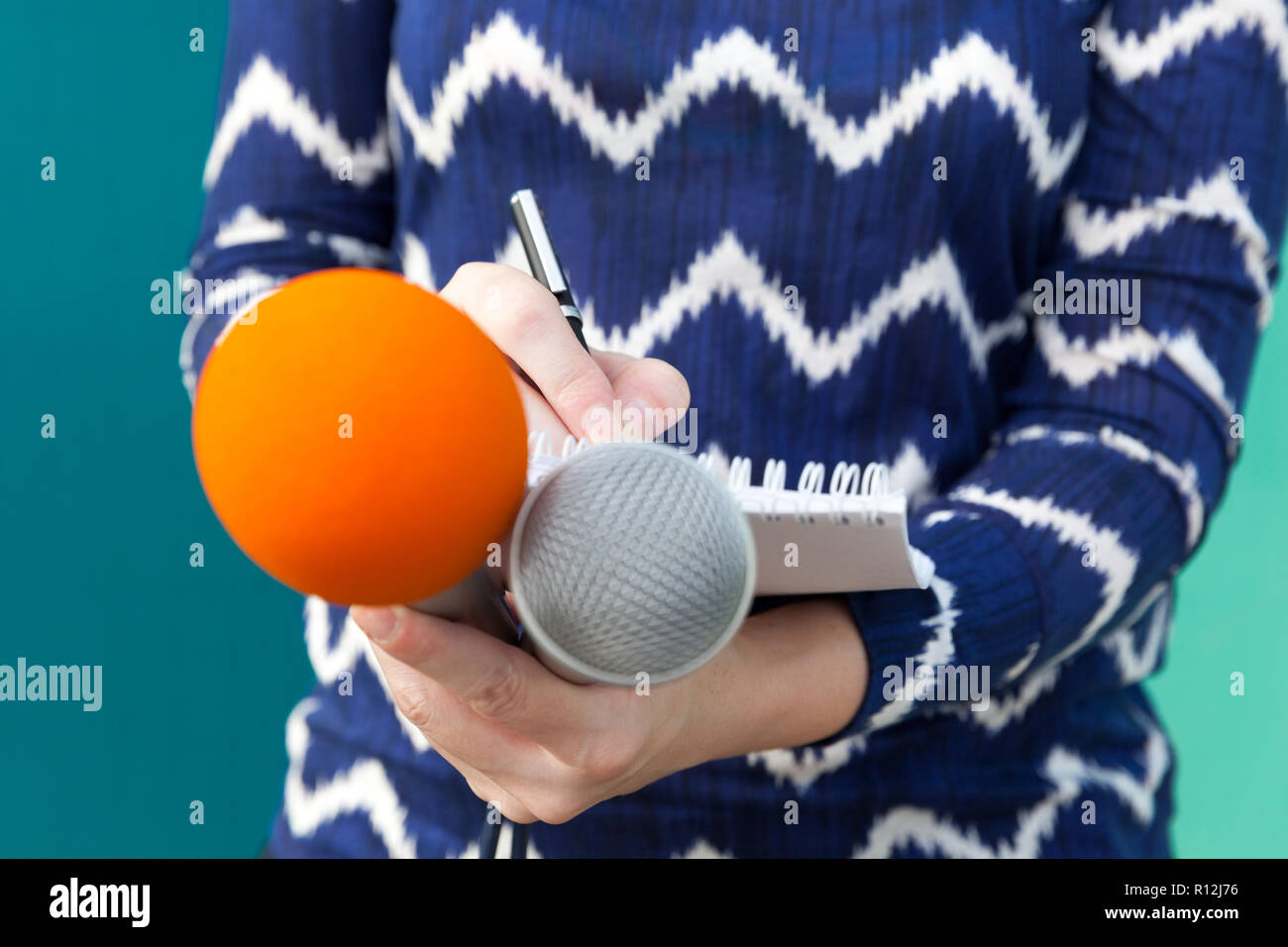 Female journalist at a press conference, taking notes, holding ...