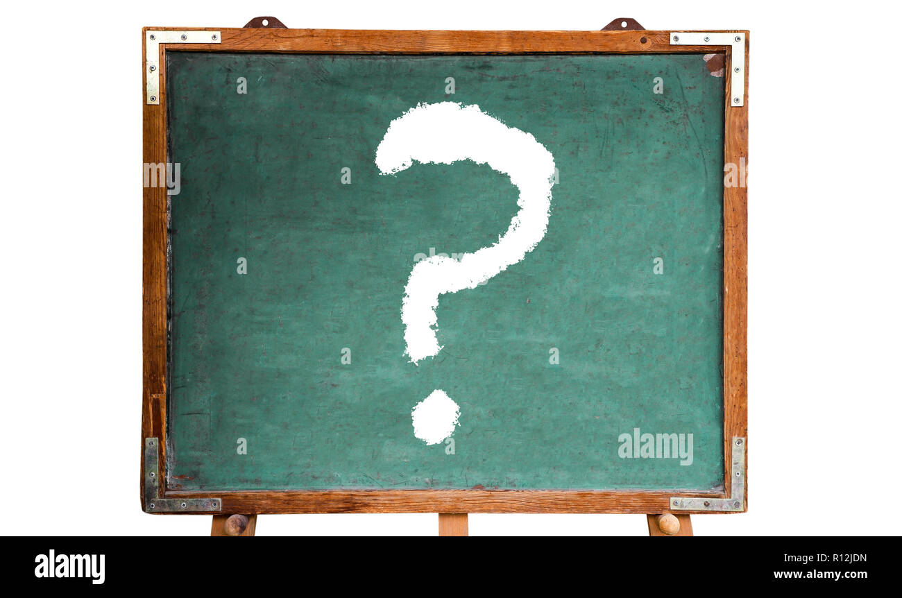 Question mark white sign drawing on a green old grungy vintage wooden ...