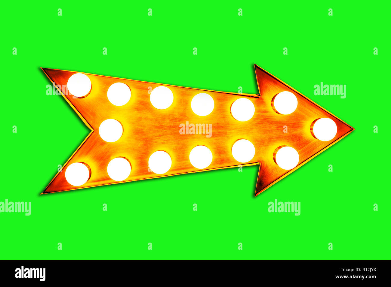 Orange, yellow and red illuminated metallic display golden arrow sign ...