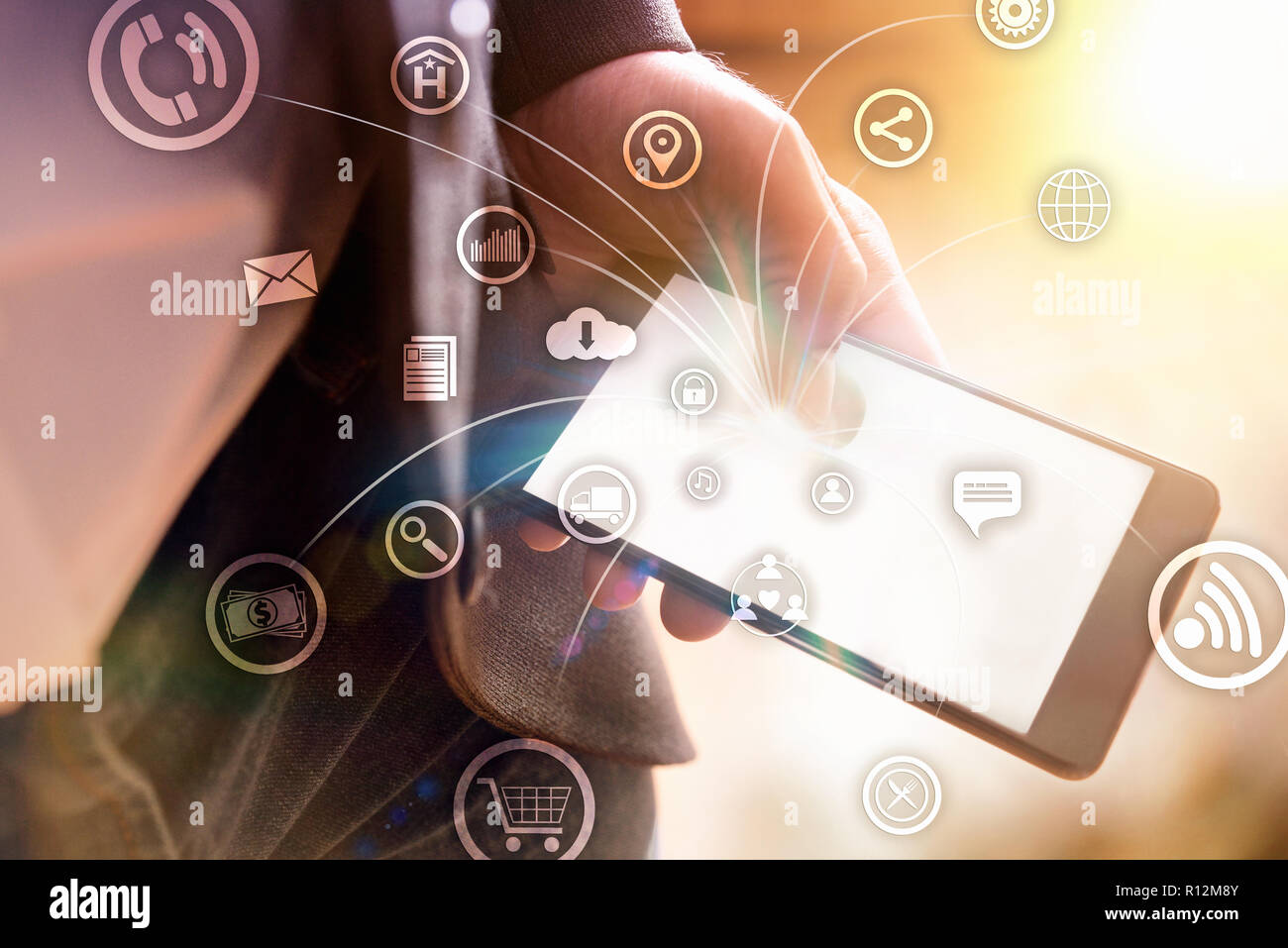 Concept of use and connectivity with smart devices with graphic icons ...