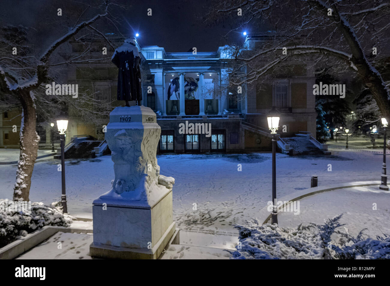 Museo del Prado, Prado Museum ,covered by snow at night, Madrid, Spain ...