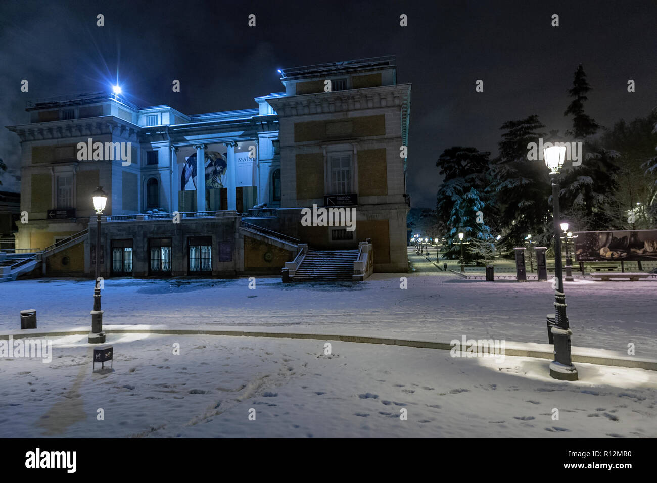 Museo del Prado, Prado Museum ,covered by snow at night, Madrid, Spain ...
