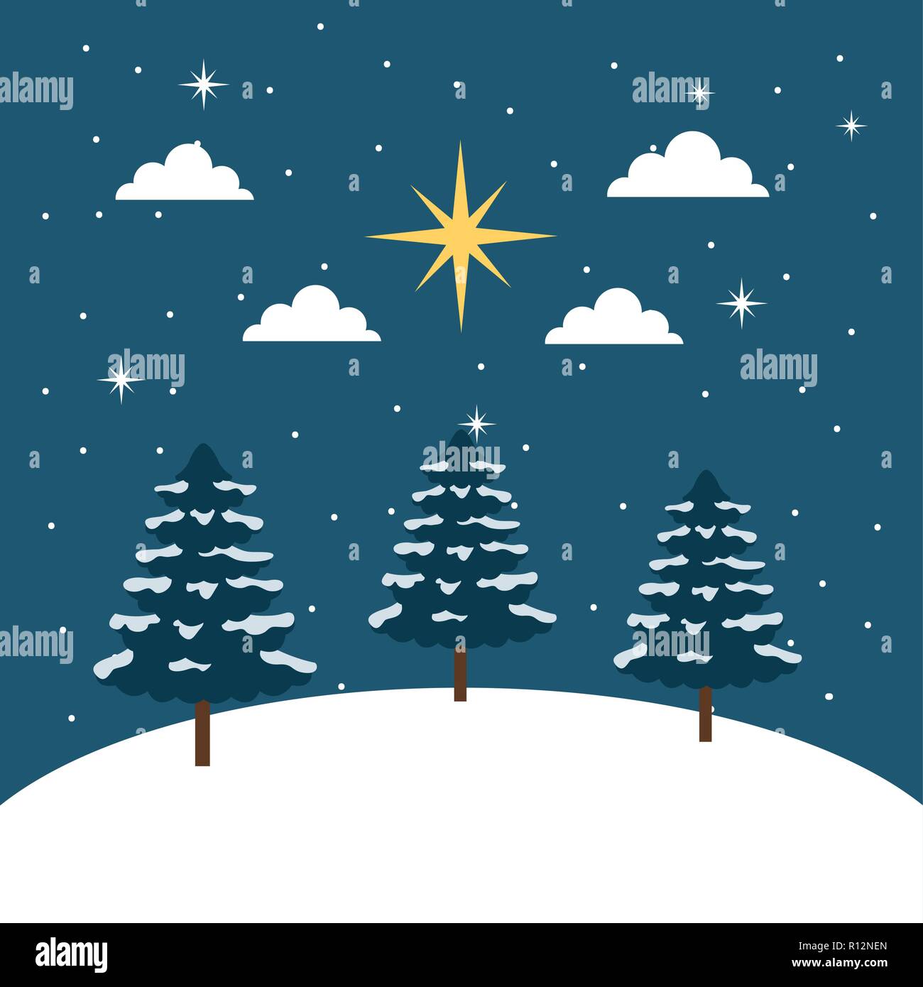 winter landscape snow tree star clouds night vector illustration Stock ...