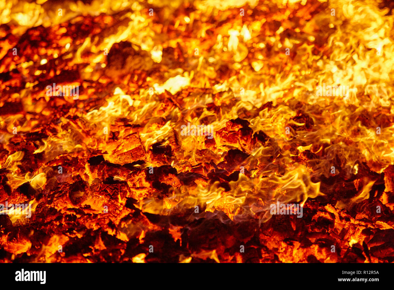 Fire. Volcano incandescent material. Hot charcoal bonfire. Carbon ...