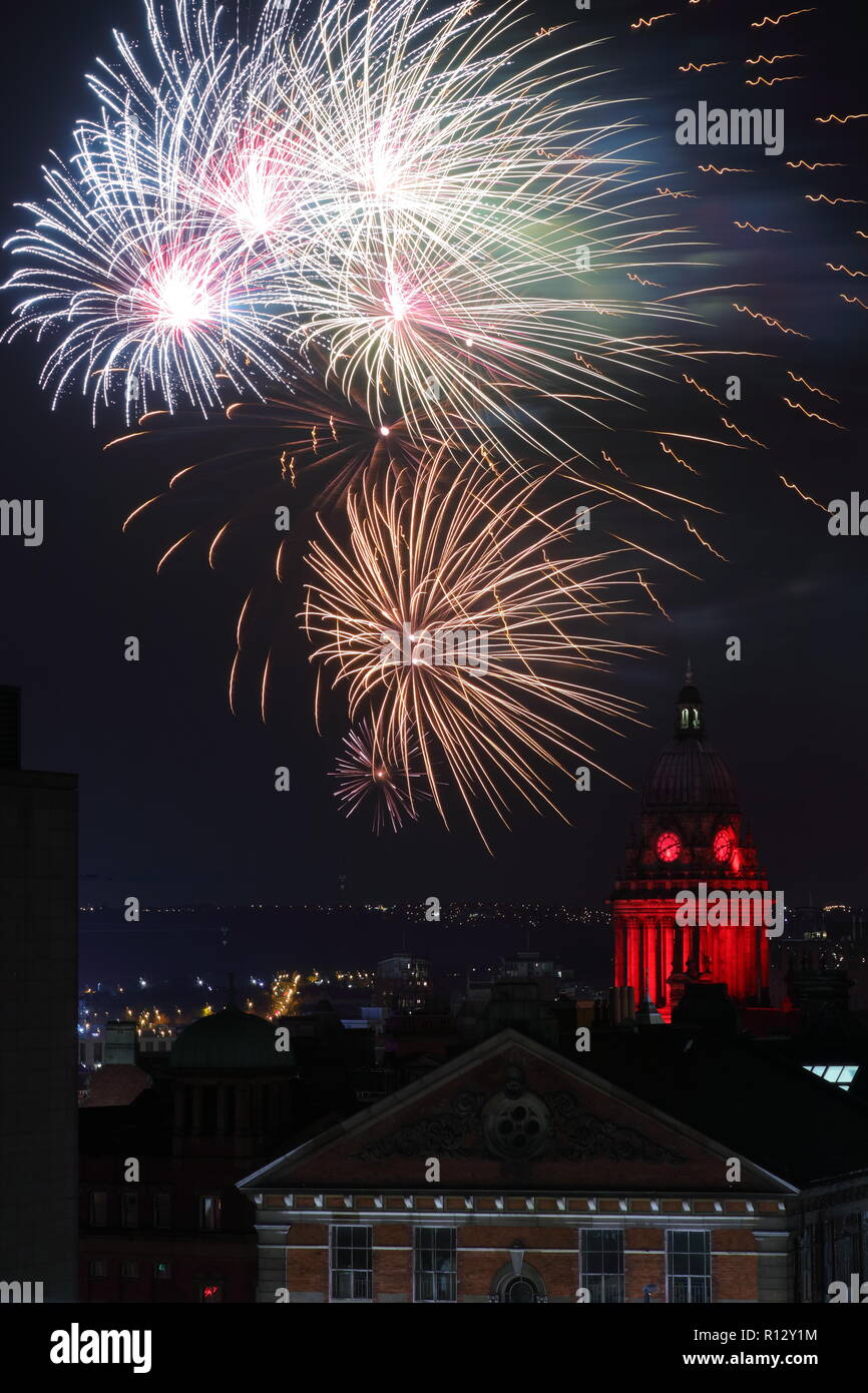 Leeds 8th November 2018. Fireworks from the Leeds Lights Switch On ...