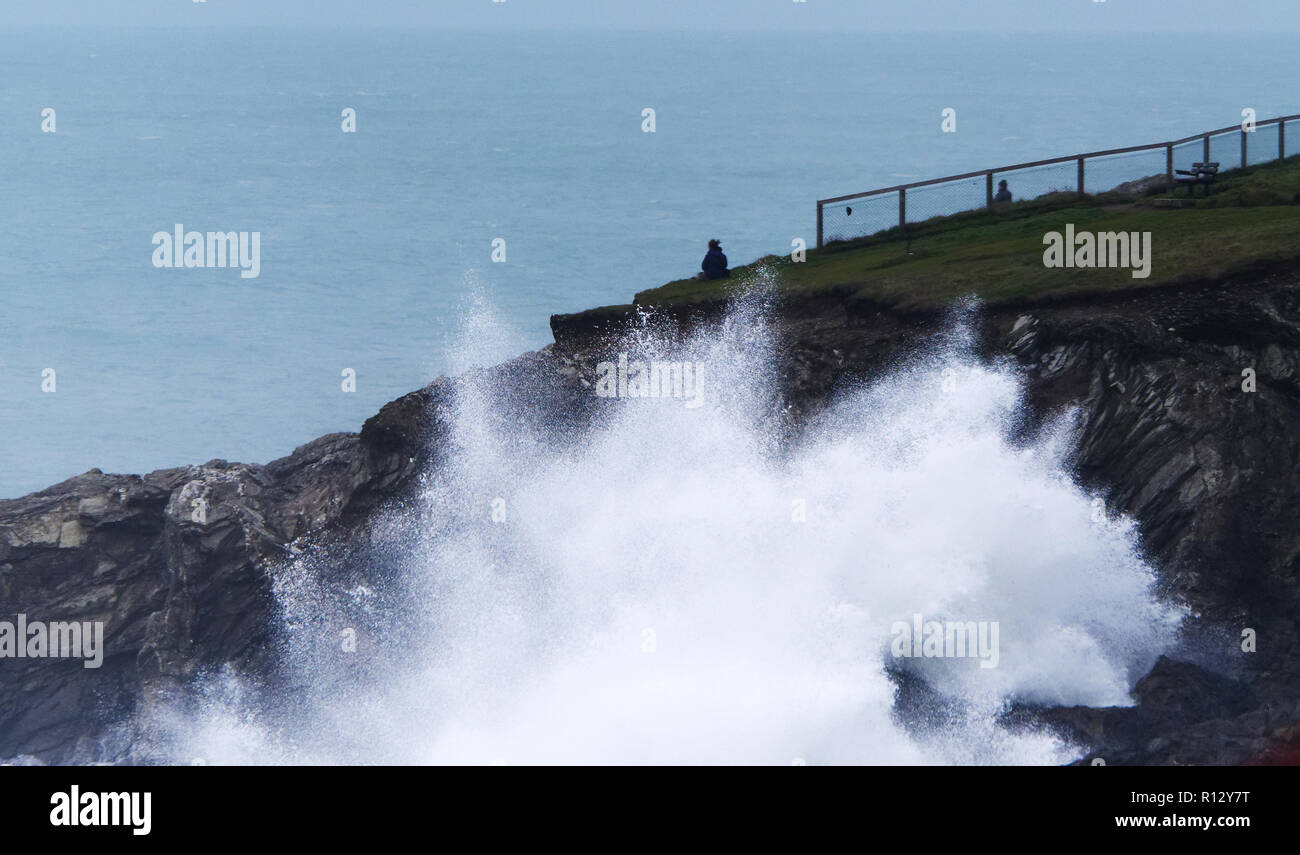 Storm waves crash Towan Beach promenade Newquay Cornwall UK. Newquay ...