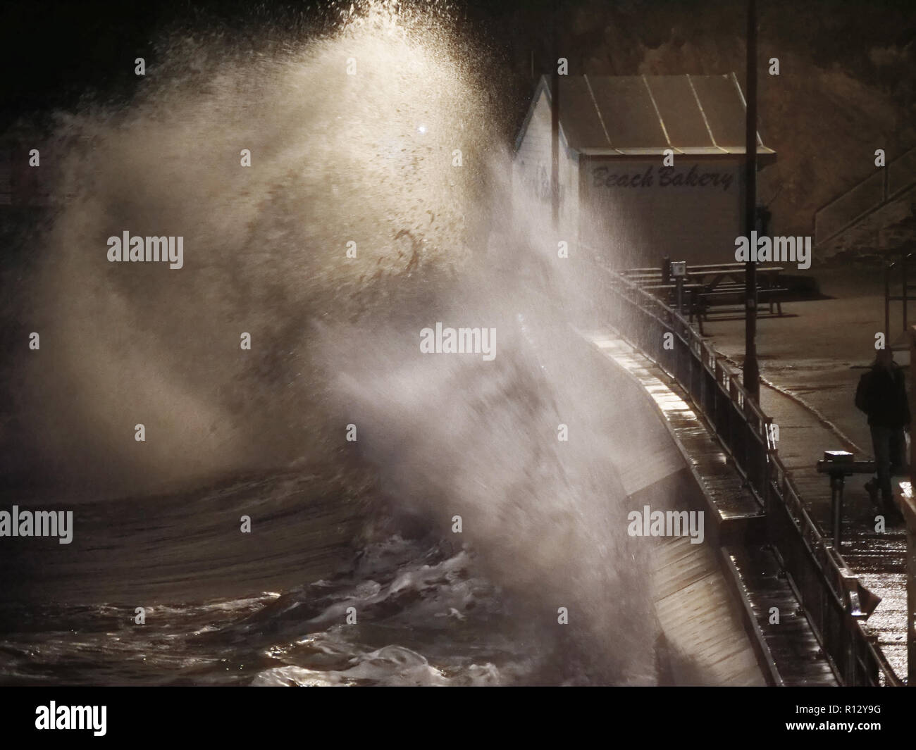 Storm waves crash Towan Beach promenade Newquay Cornwall UK. Newquay ...