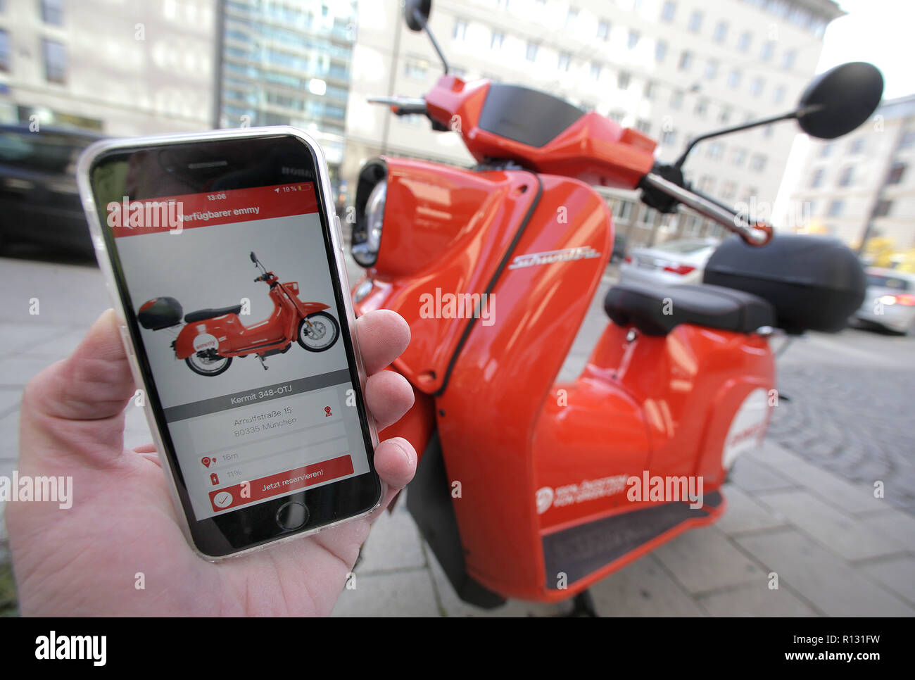 08 November 2018, Bavaria, München: An electric scooter of the brand ...