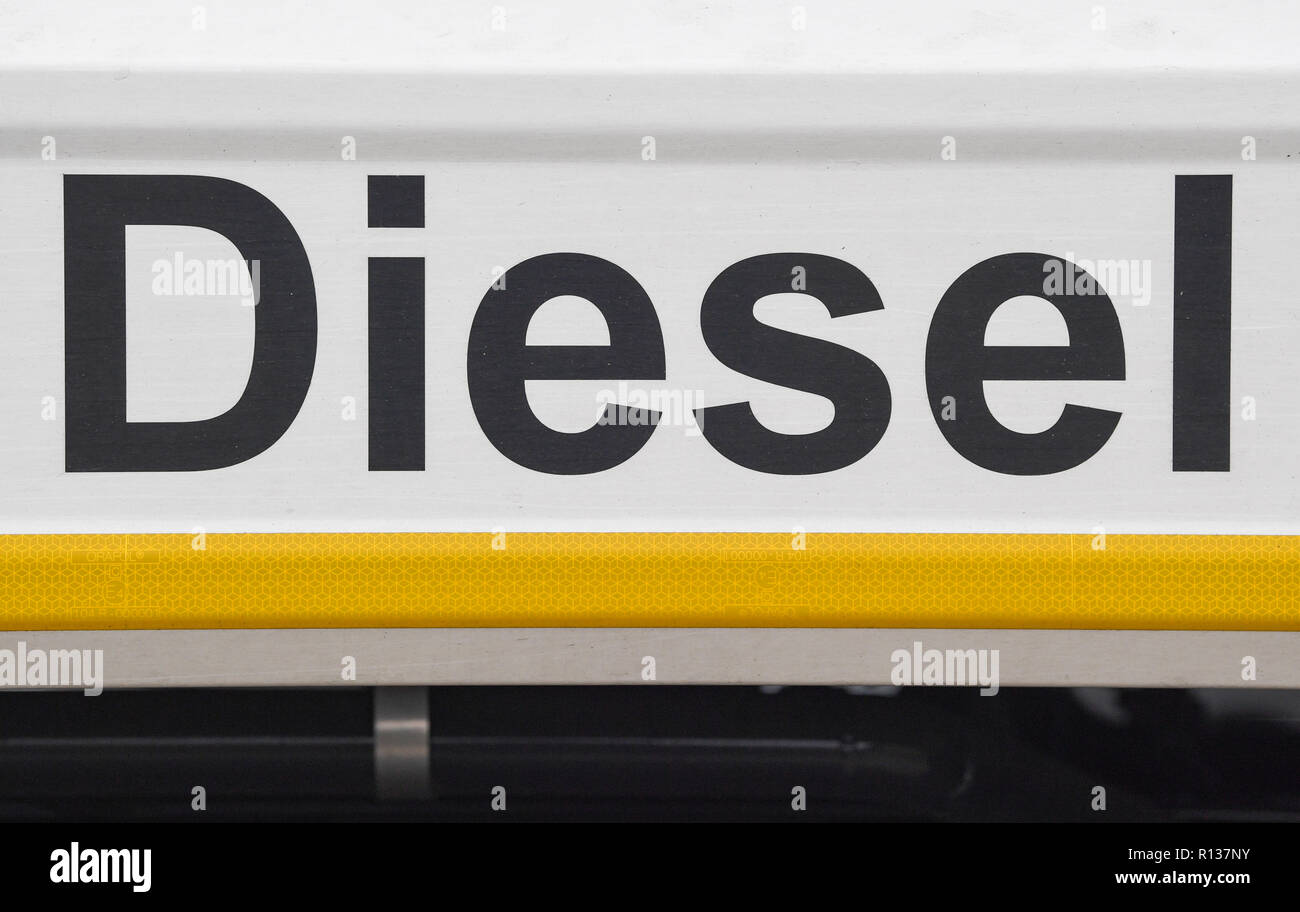 09 November 2018, Brandenburg, Müllrose: The word "diesel" is written ...