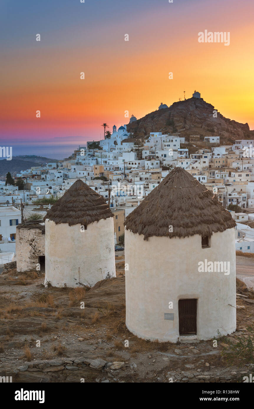 Traditional houses, wind mills and churches in Ios island, Cyclades ...