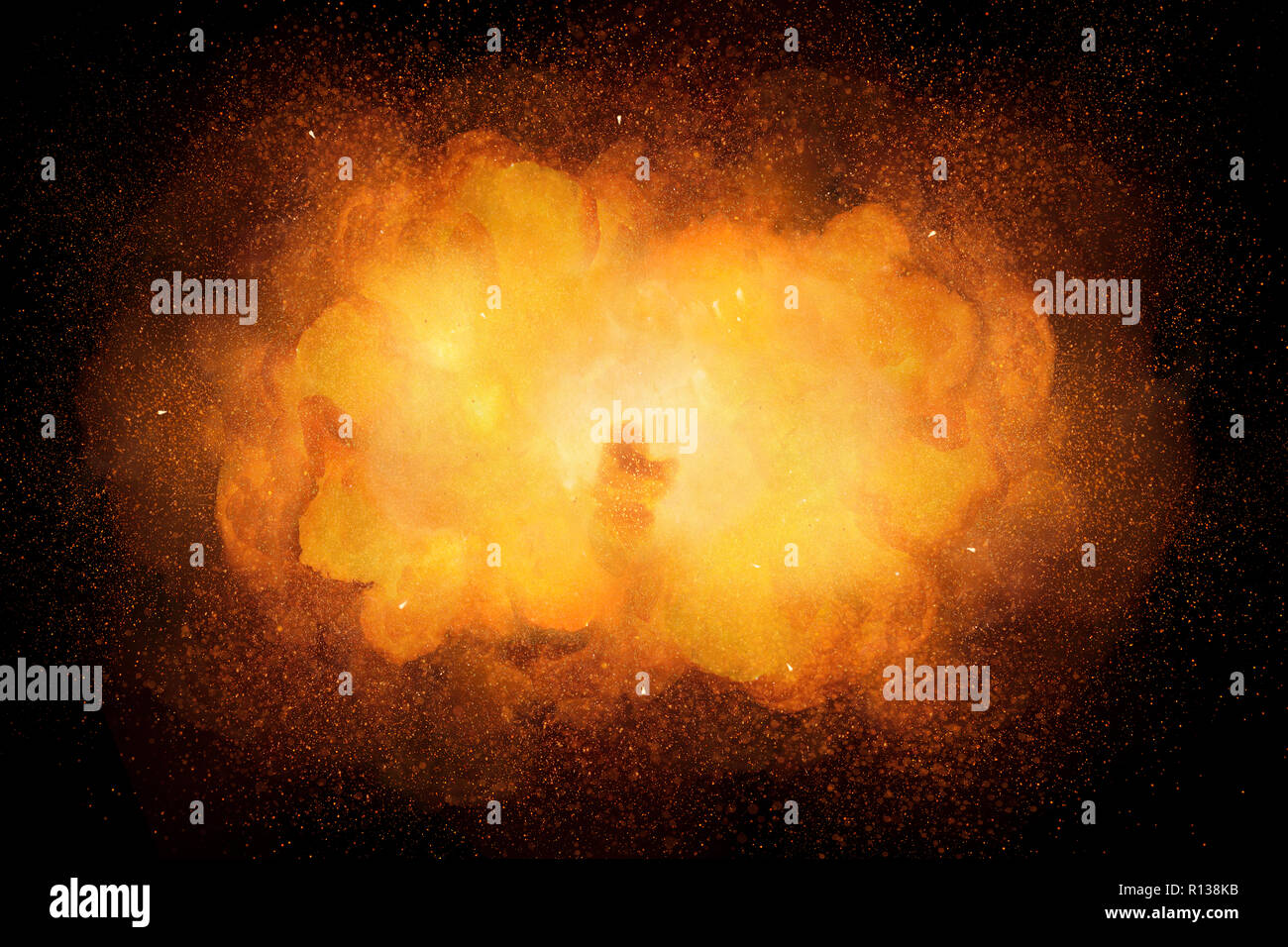 Realistic bomb explosion, orange color with sparks isolated on black ...