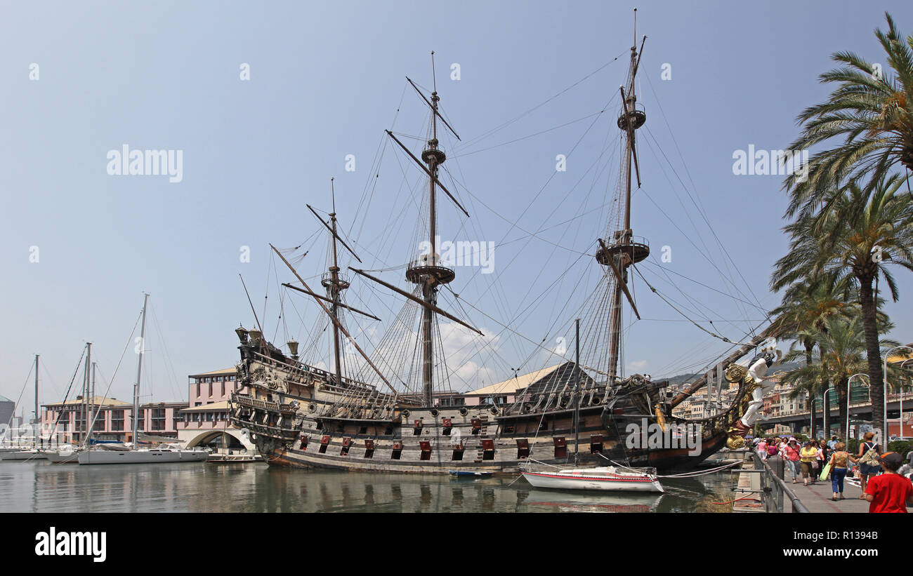 GENOA, ITALY - JULY 14, 2013: Neptune Galeon Pirate Ship Docked at Port ...