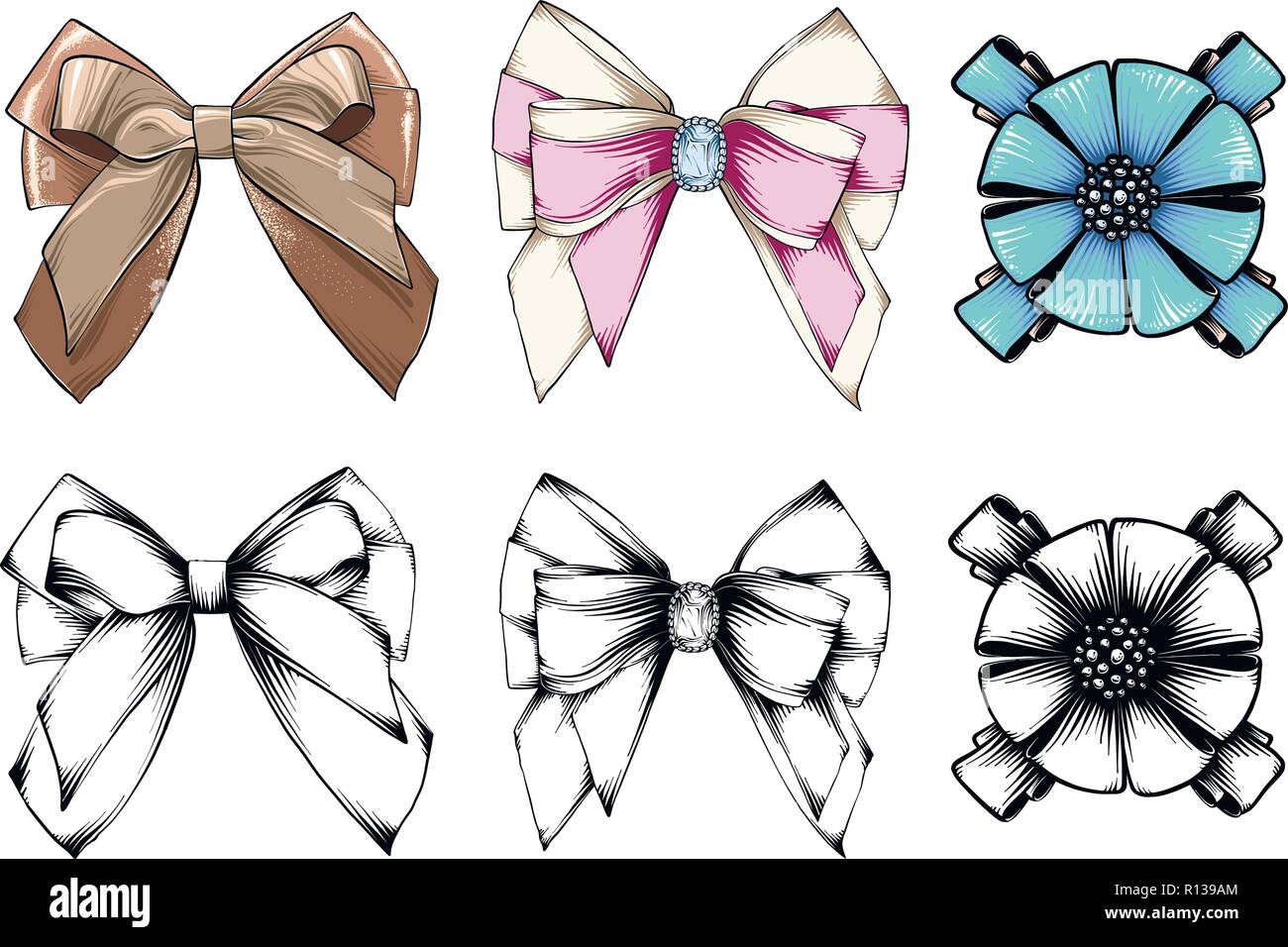 Set of beautiful graphic bows. Hand drawn bows collection. Colored ...