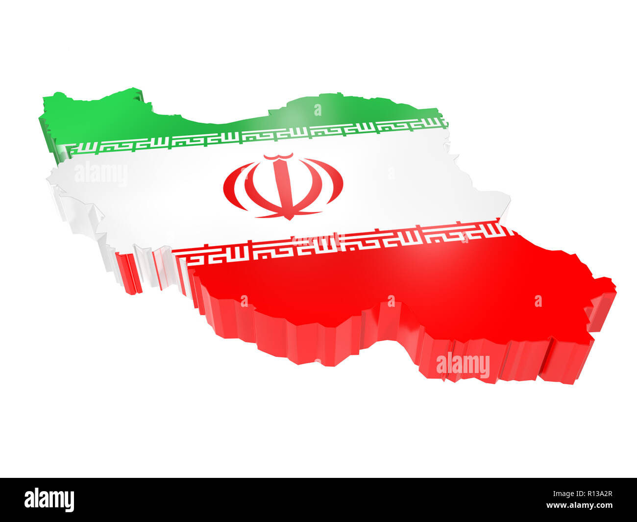 3D render of Iran borderline with national flag colors on white ...