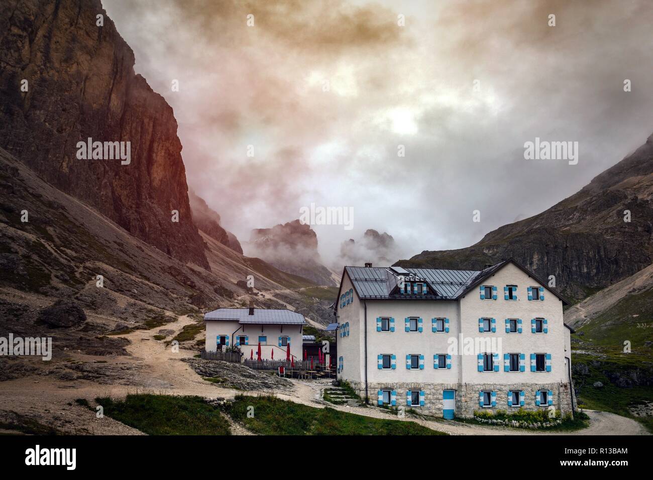 view of the Rifugio Vajolet, Pozza Di Fassa, Italy Stock Photo - Alamy