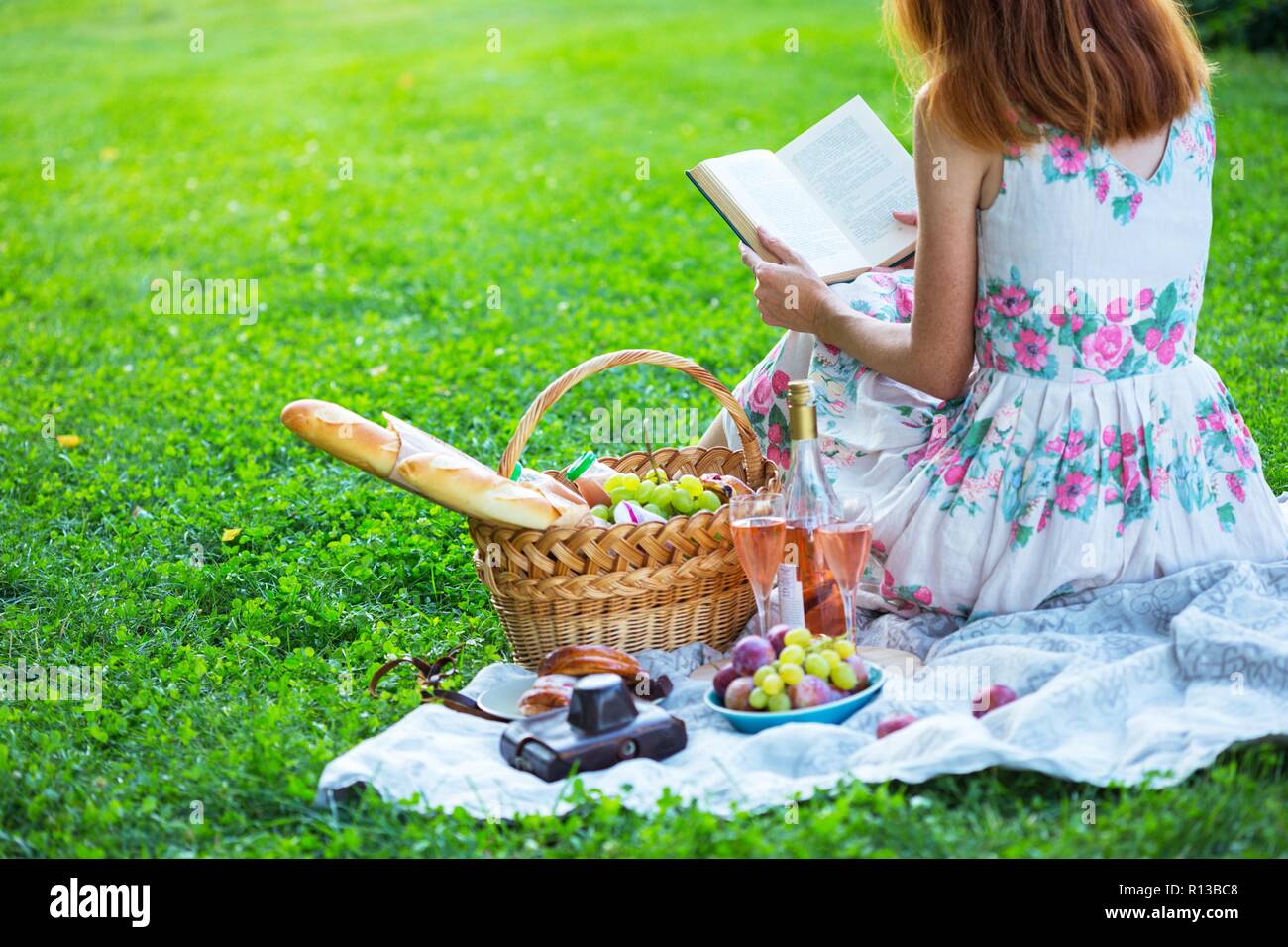 Summer - picnic in the meadow. girl sitting reading a book and near a ...
