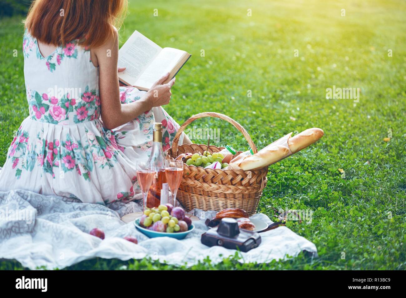 Summer - picnic in the meadow. girl sitting reading a book and near a ...
