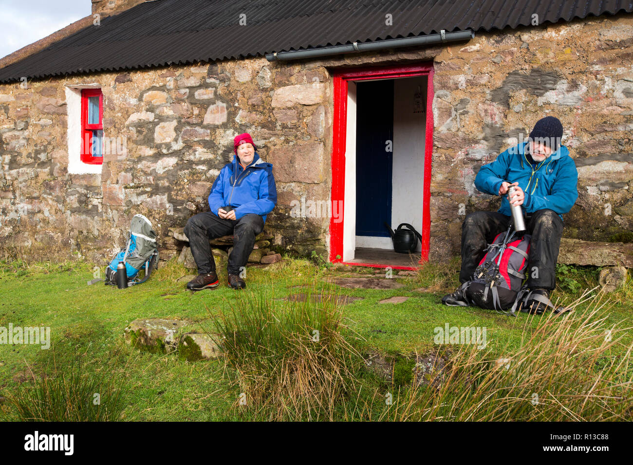 Hikers at Strathan Bothy in Strath Shinary Sutherland, Scotland, UK ...