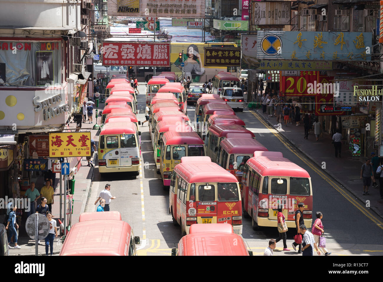 Hong Kong, China - August 14, 2017: Minibuses lining up, waiting for ...