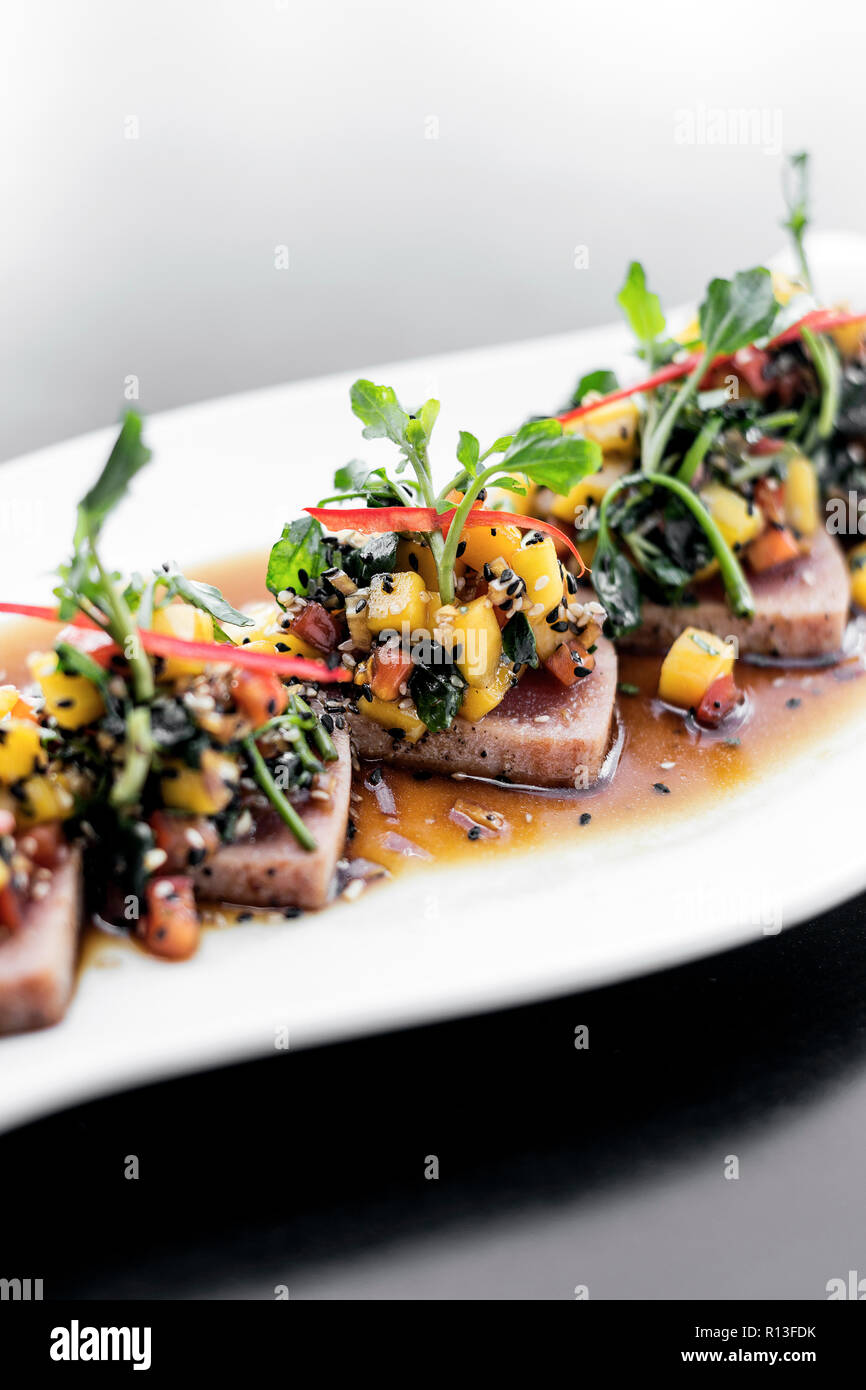 braised tuna and spicy sweet soy mango modern asian fusion gourmet ...