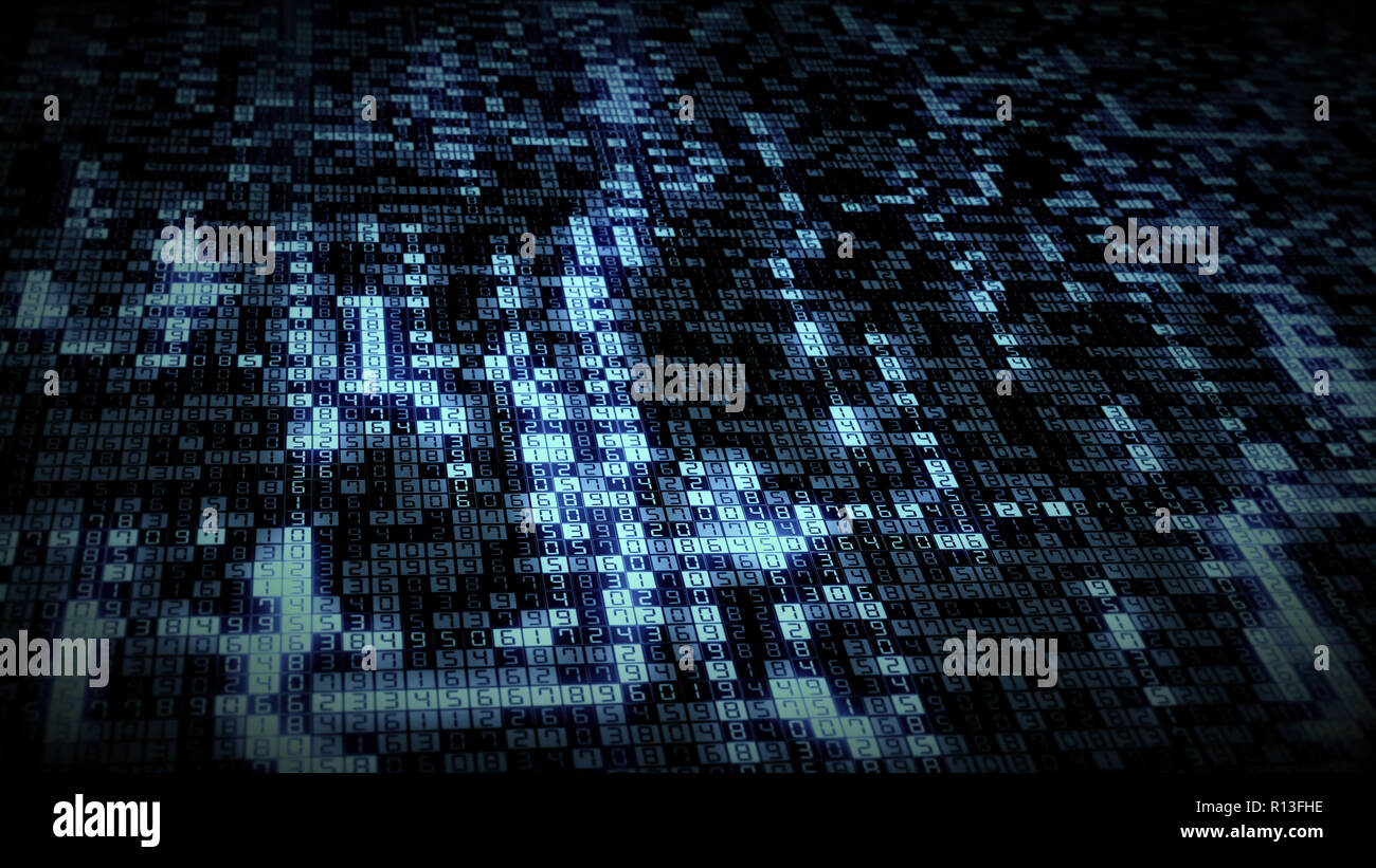 Bright blue glowing computer numbers appear on technology data stream ...