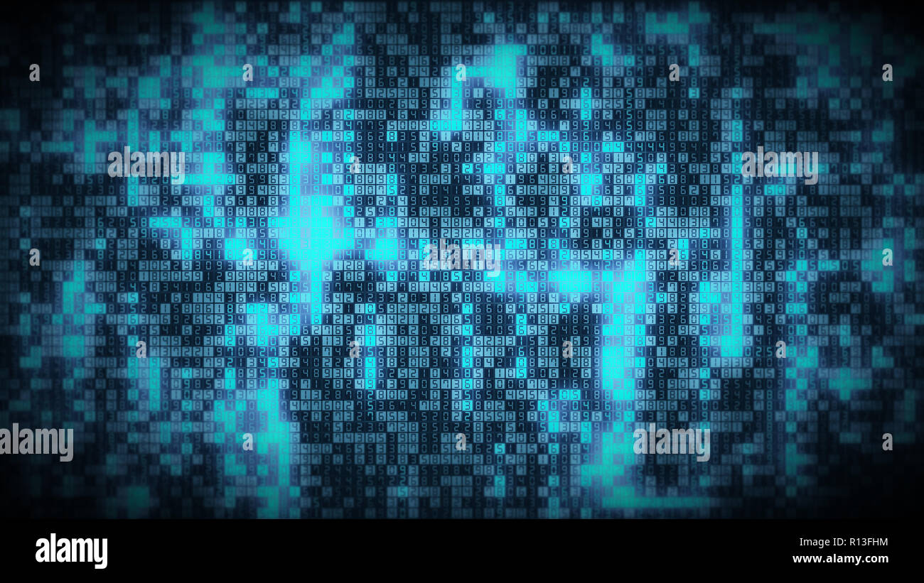 Bright blue glowing computer numbers appear on technology data stream ...
