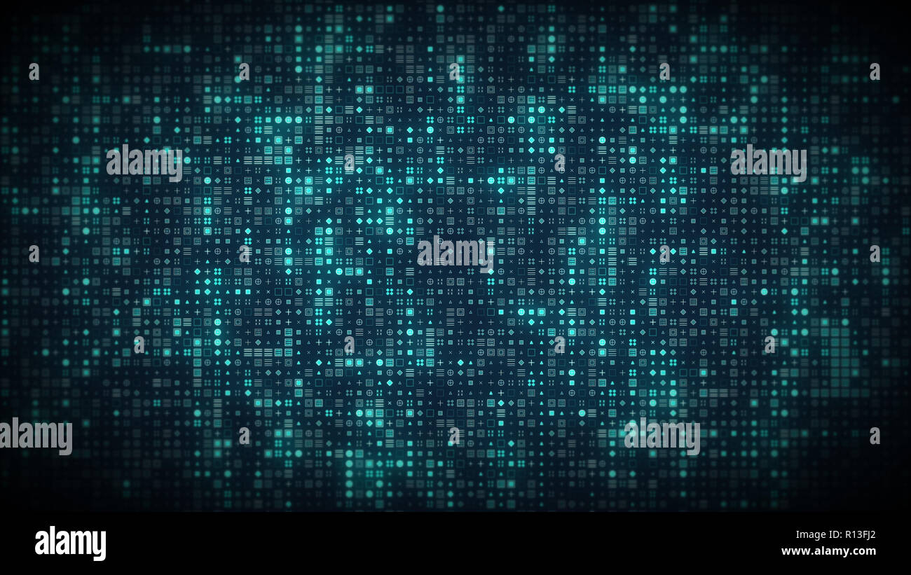 Bright blue glowing computer symbols appear on technology data stream ...